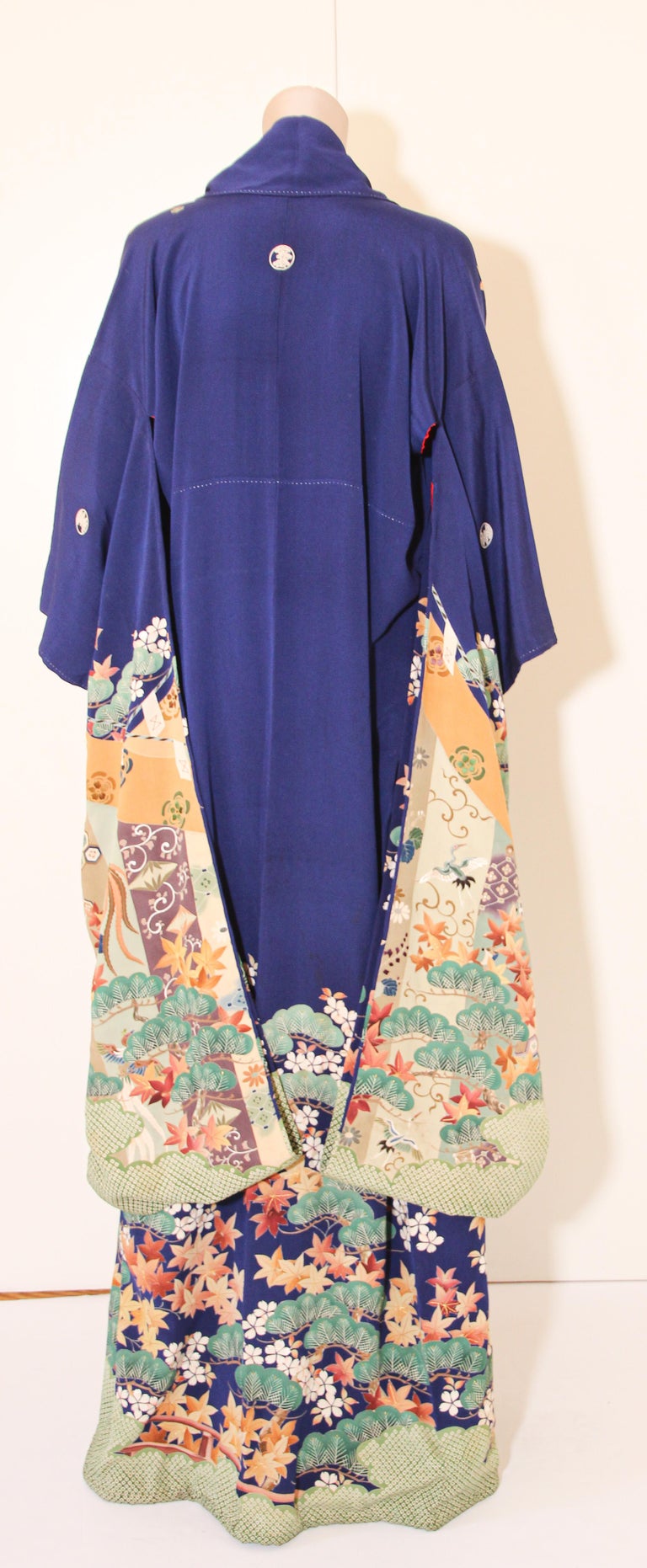 Fine Vintage Japanese Royal Blue Silk Kimono with Yuzen Design at 1stDibs