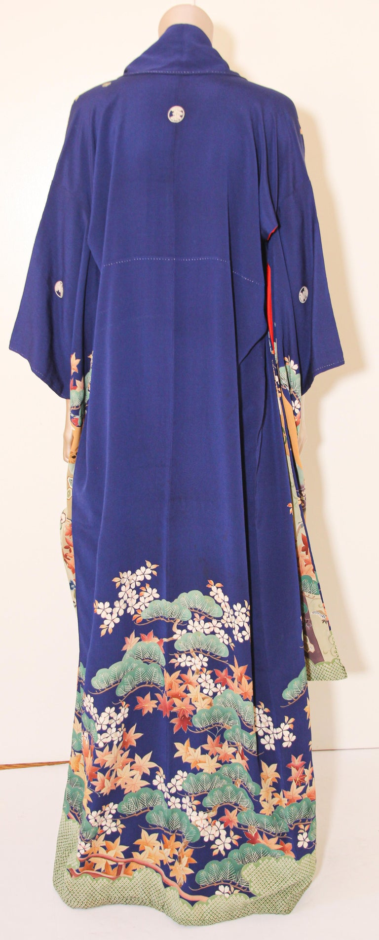 Fine Vintage Japanese Royal Blue Silk Kimono with Yuzen Design at 1stDibs