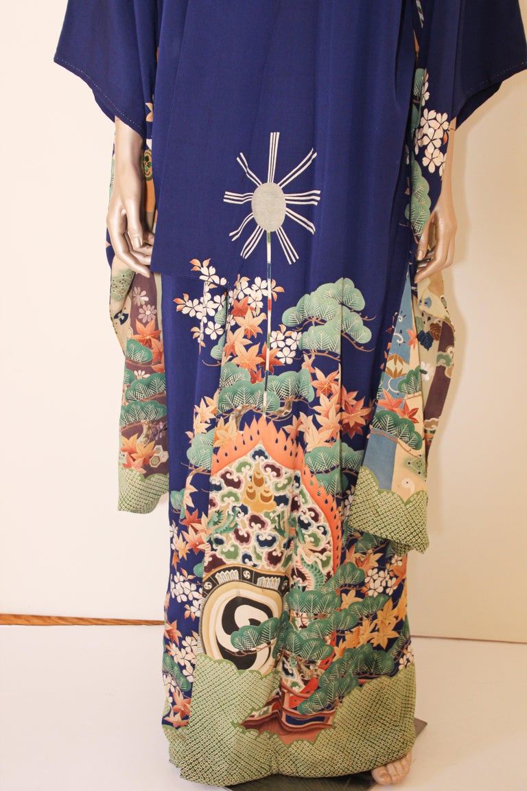 Fine Vintage Japanese Royal Blue Silk Kimono with Yuzen Design at 1stDibs