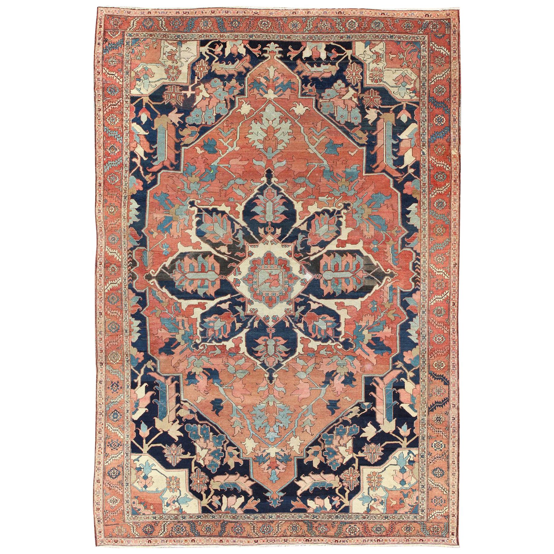 Finely Woven Antique Persian Serapi Rug with Bold Geometric Design For ...