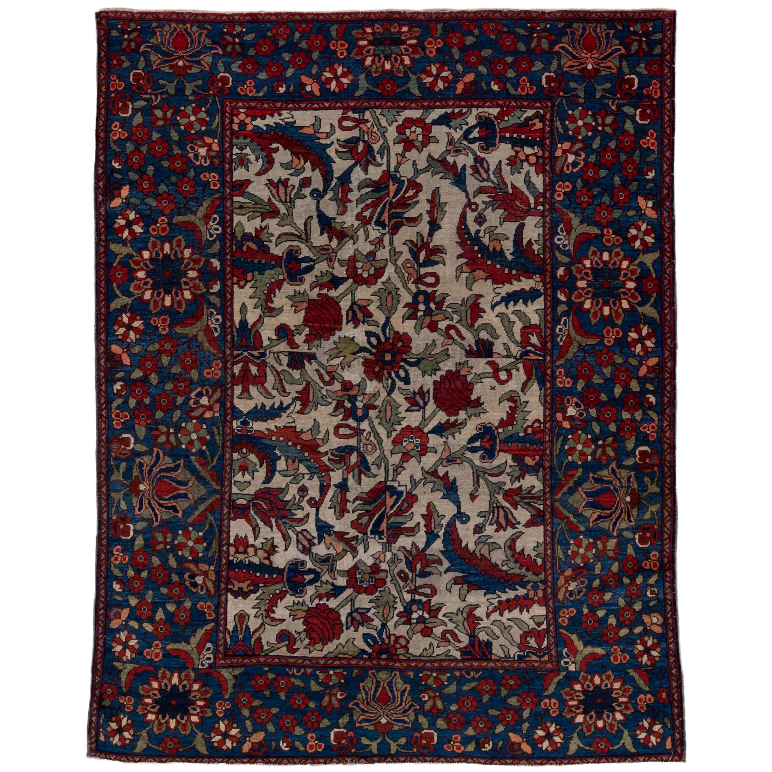 Antique Distressed Persian Sultanabad Rug with Burnt Orange Field, Blue ...