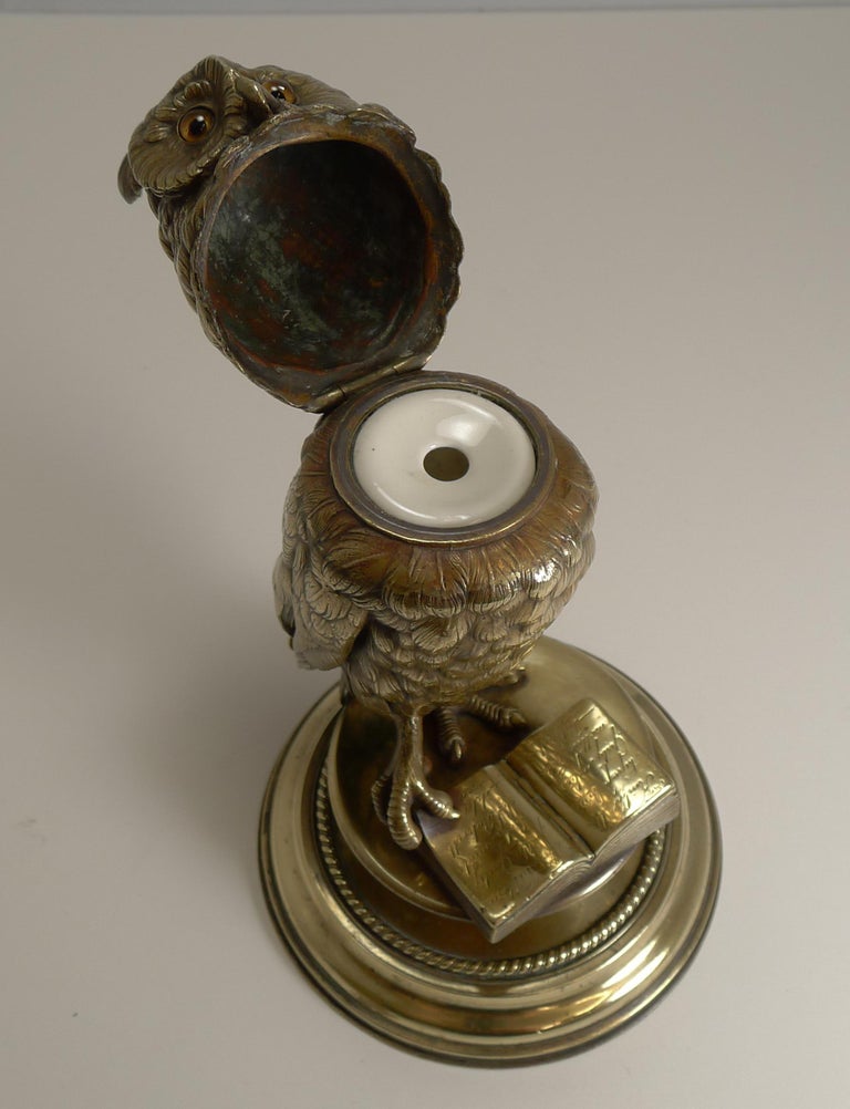 Finest Large Antique Austrian Brass Novelty Inkwell, Reading Owl, circa ...