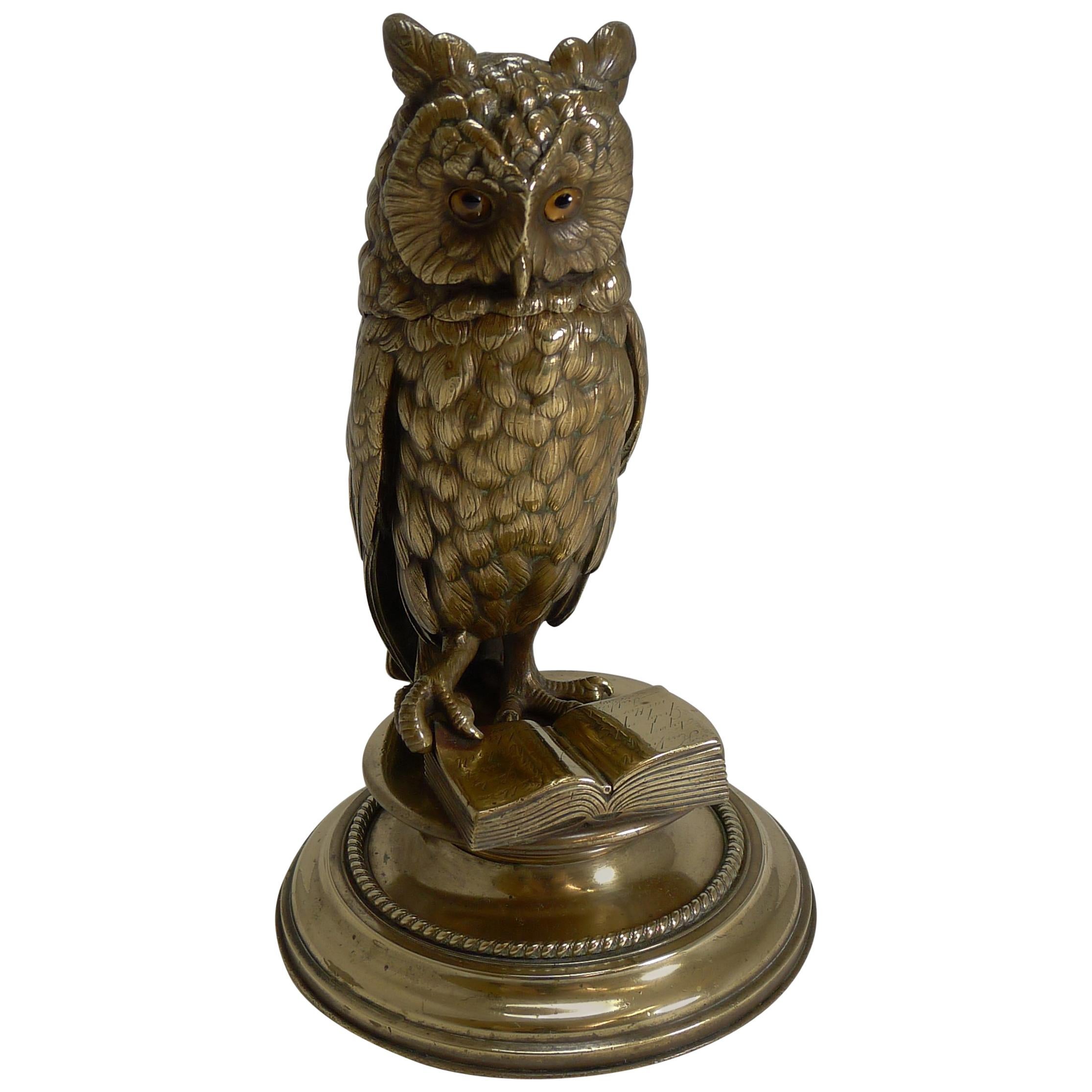 Finest Large Antique Austrian Brass Novelty Inkwell, Reading Owl, circa ...