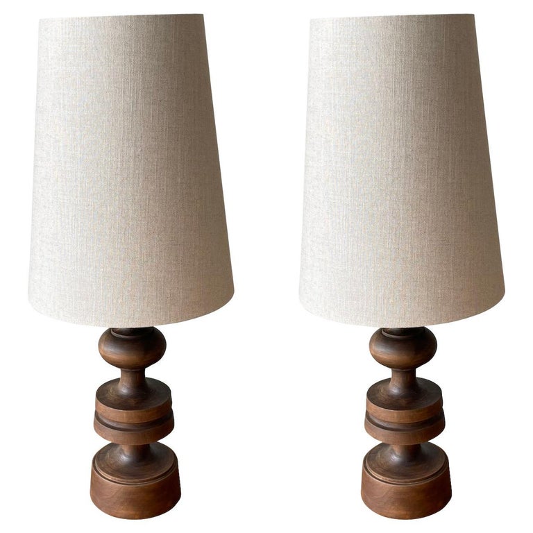 Finial Shaped Oak Wood Pair Table Lamps, Spain, 1960s For Sale at 1stDibs
