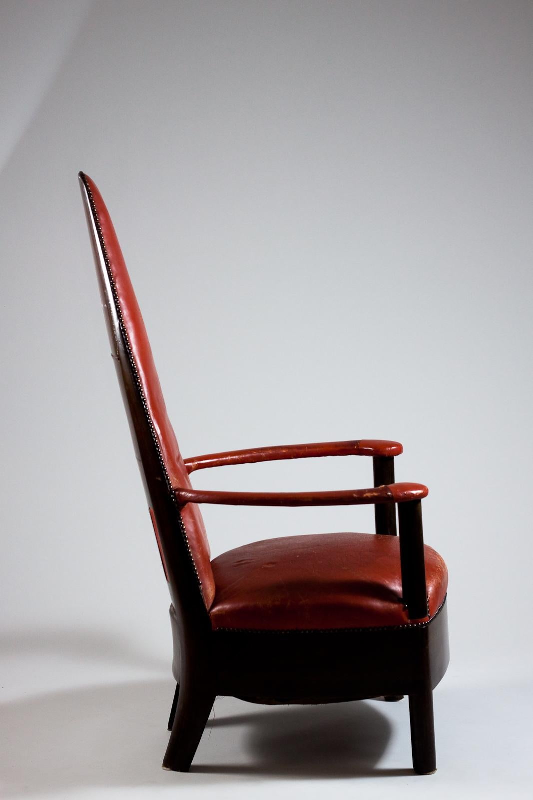 Finnish jugend high-back arm chair in red leather For Sale at 1stDibs