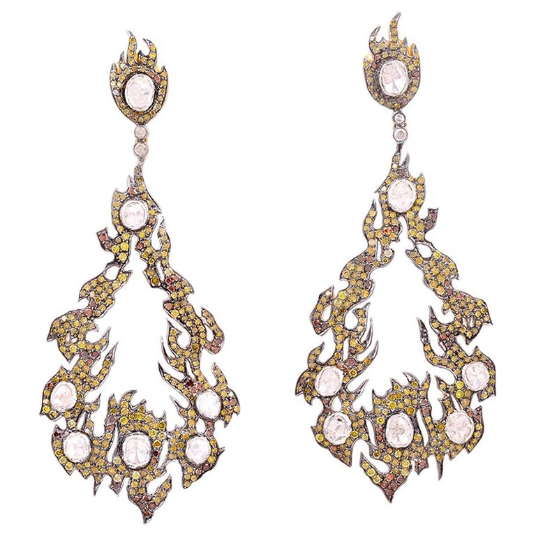 Fire Design Pave Yellow Diamonds and Rose Cut Diamond For Sale at 1stDibs