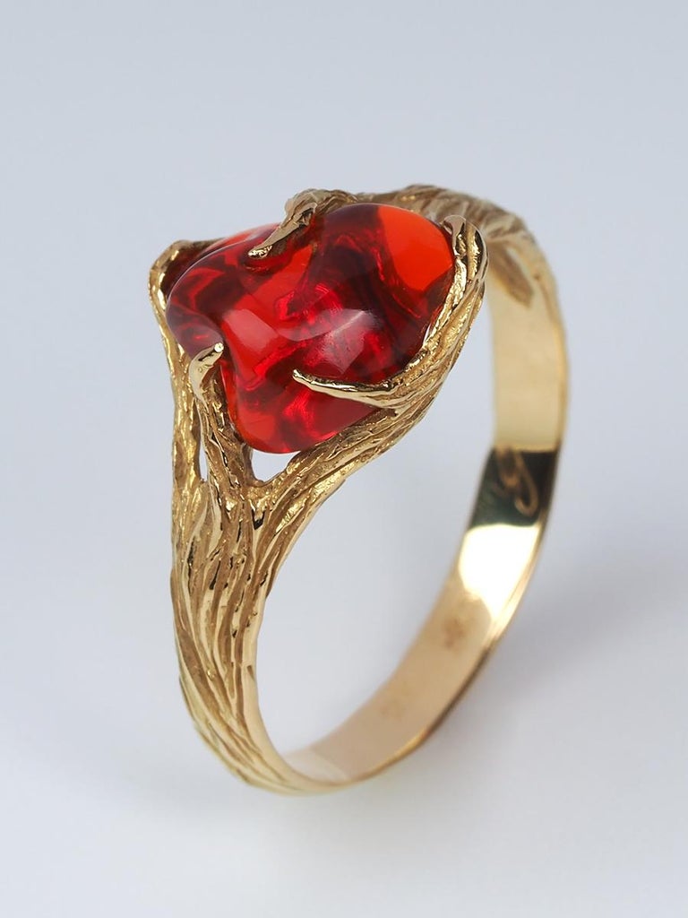 Fire Opal Gold Ring Red Gemstone 18K Yellow Gold Modern Engagement ...