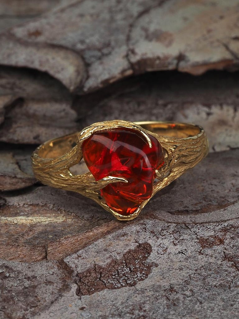 Fire Opal Gold Ring Red Gemstone 18K Yellow Gold Modern Engagement ...
