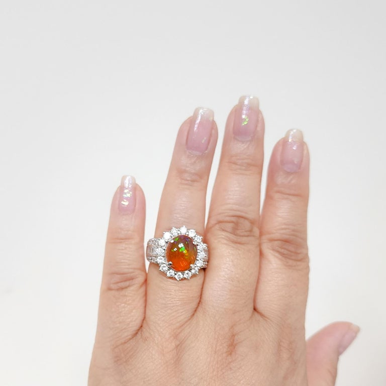 Fire Opal Oval and Diamond Ring in Platinum For Sale at 1stDibs