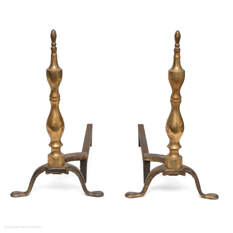 Firedogs Pair Brass Iron Split Baluster Neoclassical For Sale at 1stDibs