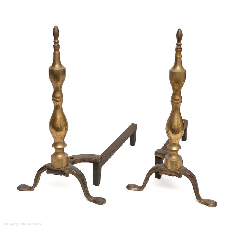 Firedogs Pair Brass Iron Split Baluster Neoclassical For Sale at 1stDibs