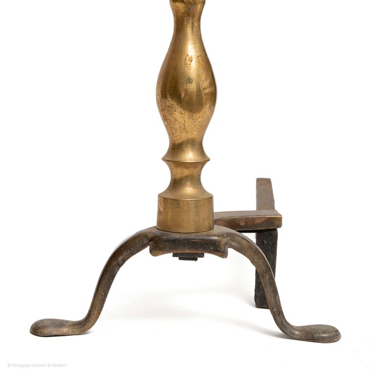 Firedogs Pair Brass Iron Split Baluster Neoclassical For Sale at 1stDibs