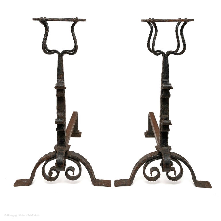 Firedogs Pair Iron Wrought Iron Mulling Cups Ripple Scroll Baroque 54cm ...