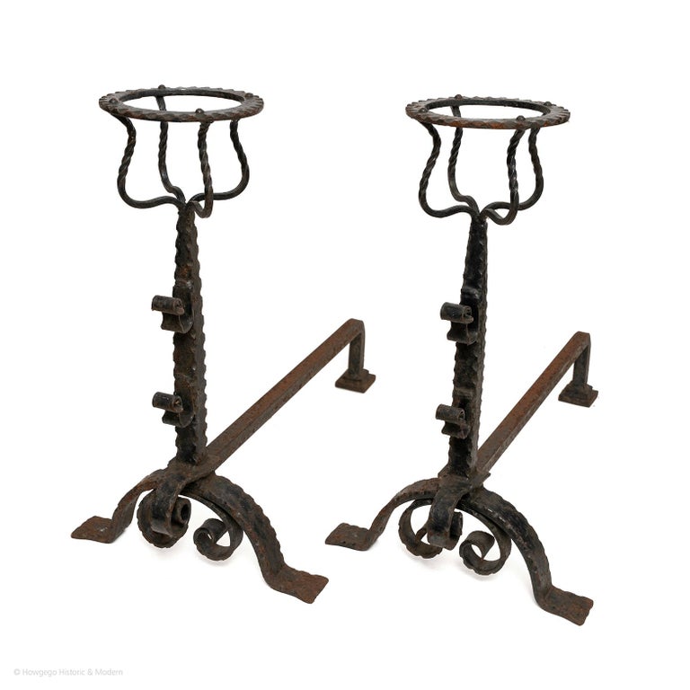 Firedogs Pair Iron Wrought Iron Mulling Cups Ripple Scroll Baroque 54cm ...