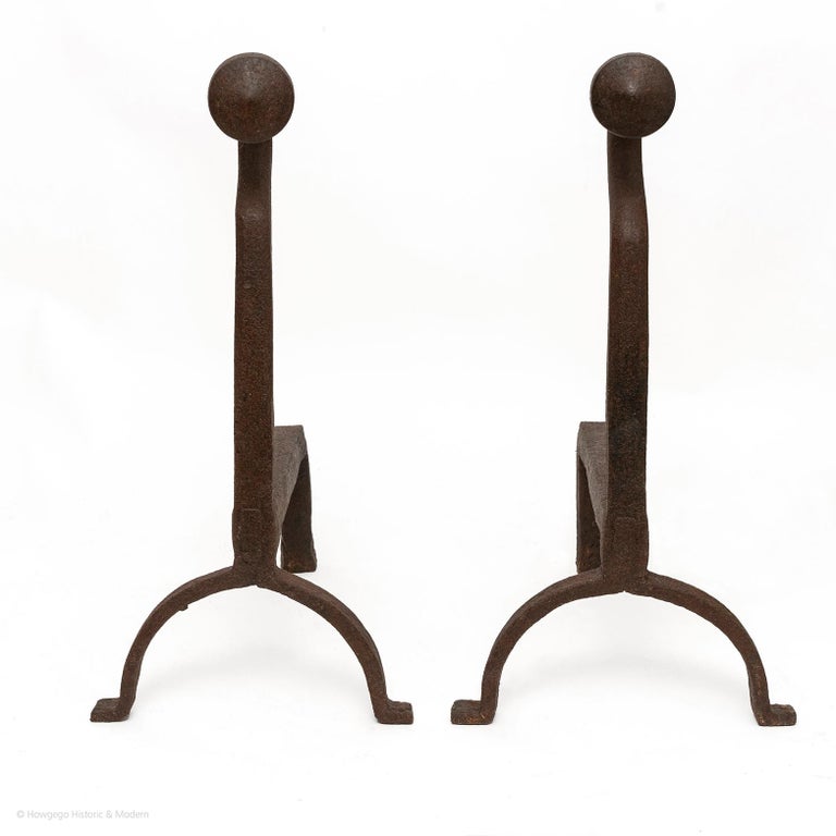 Firedogs Pair Wrought Iron French Arts and Crafts Disc Finial 46cm 18 ...