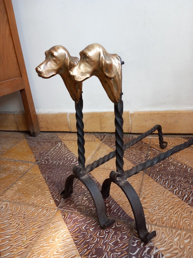 Fireplace Andirons Dog Figure in Bronze and Forged Iron For Sale at 1stDibs