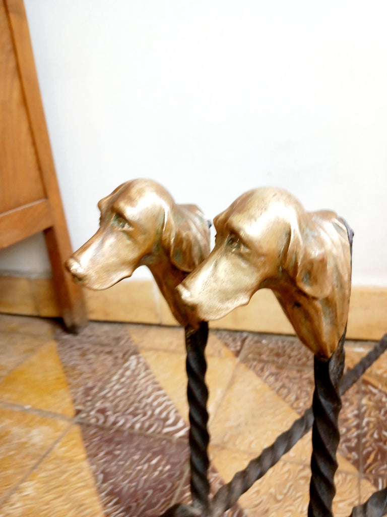 Fireplace Andirons Dog Figure in Bronze and Forged Iron For Sale at 1stDibs