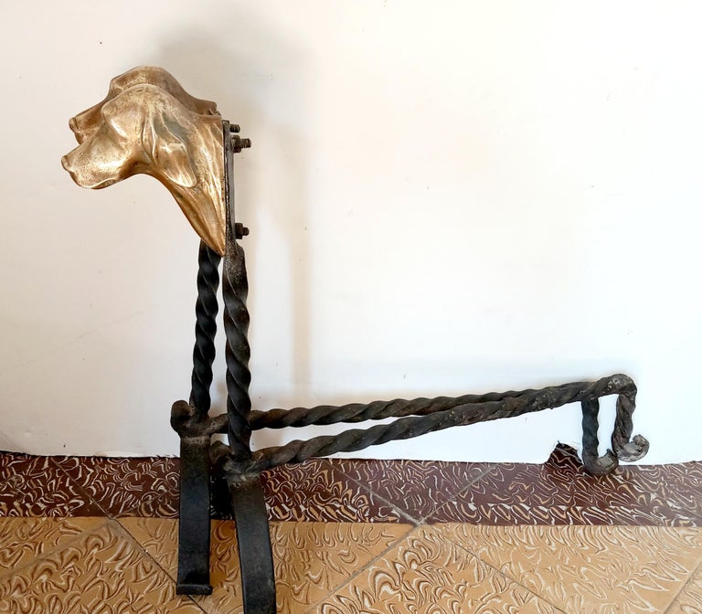 Fireplace Andirons Dog Figure in Bronze and Forged Iron For Sale at 1stDibs