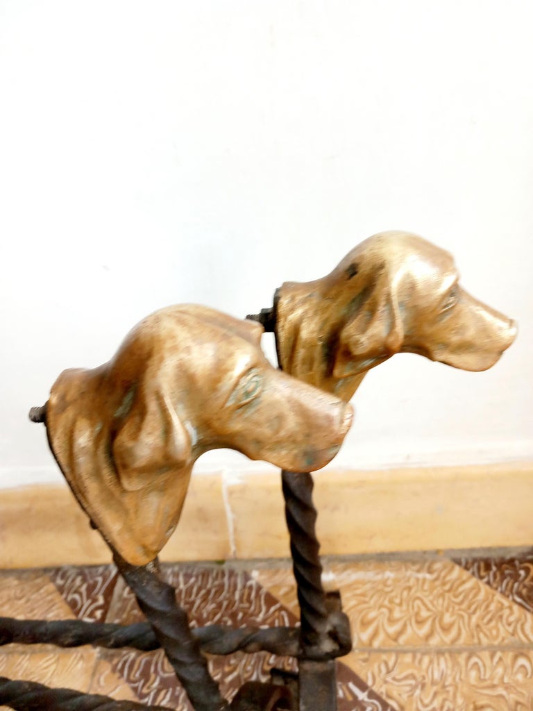 Fireplace Andirons Dog Figure in Bronze and Forged Iron For Sale at 1stDibs