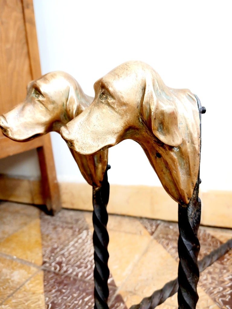 Fireplace Andirons Dog Figure in Bronze and Forged Iron For Sale at 1stDibs