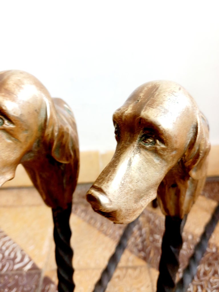 Fireplace Andirons Dog Figure in Bronze and Forged Iron For Sale at 1stDibs