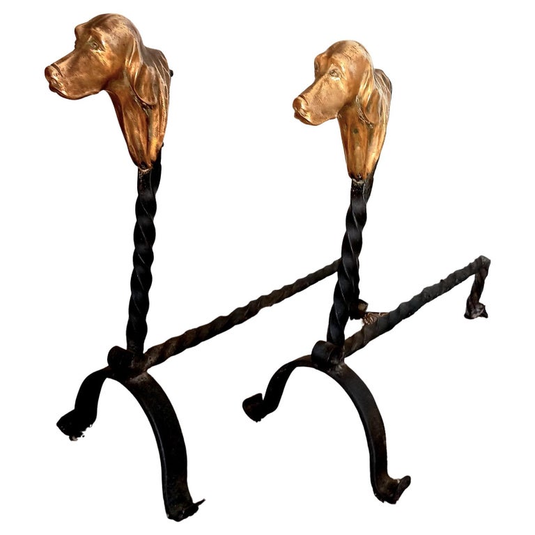 Fireplace Andirons Dog Figure in Bronze and Forged Iron For Sale at 1stDibs