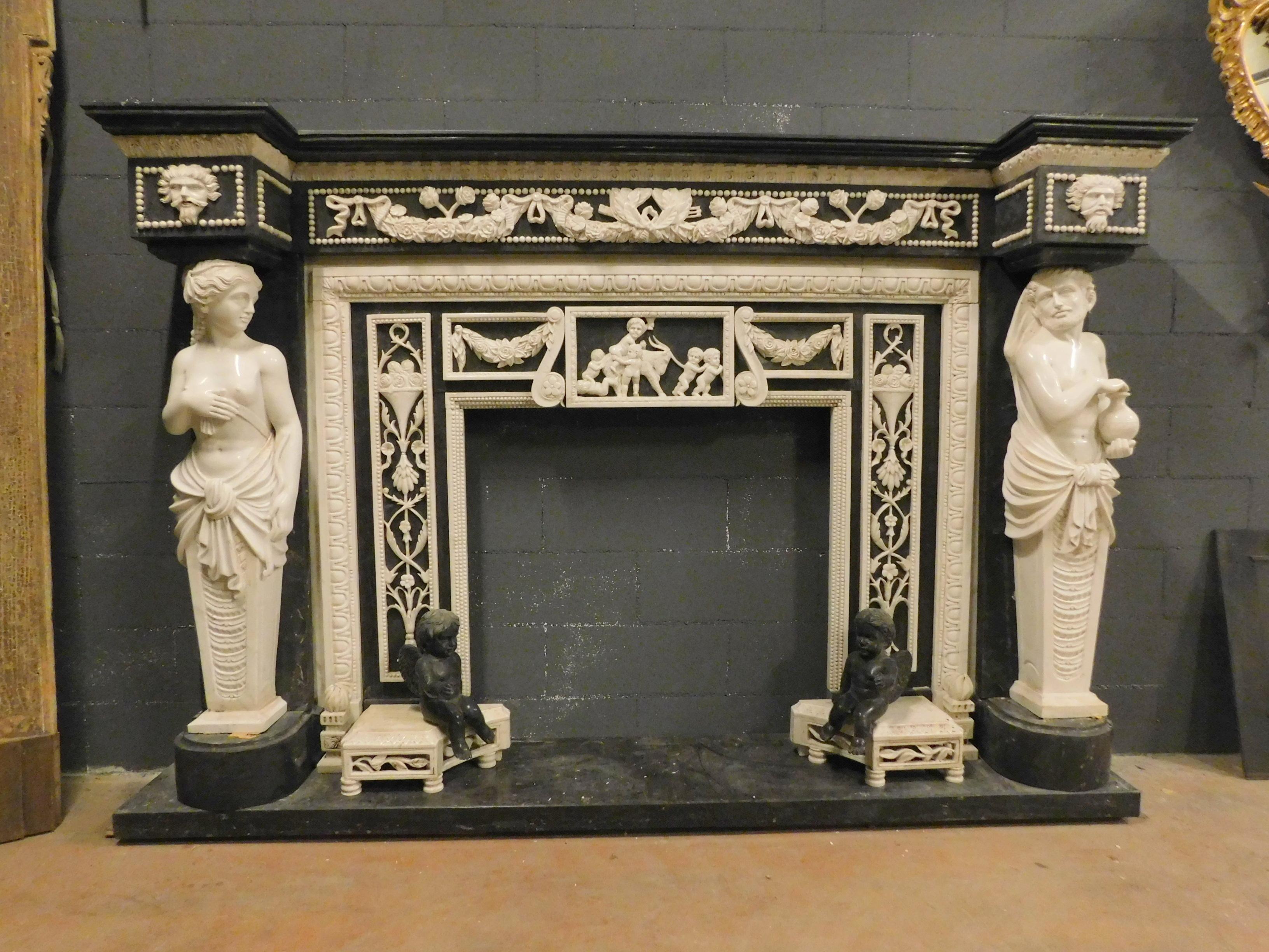 Fireplace Mantle Black and White Marble, Richly Carved, Neoclassical ...