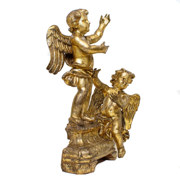 First Half of the 18th Century Putti Pair of Sculptures in Gilded Wood ...