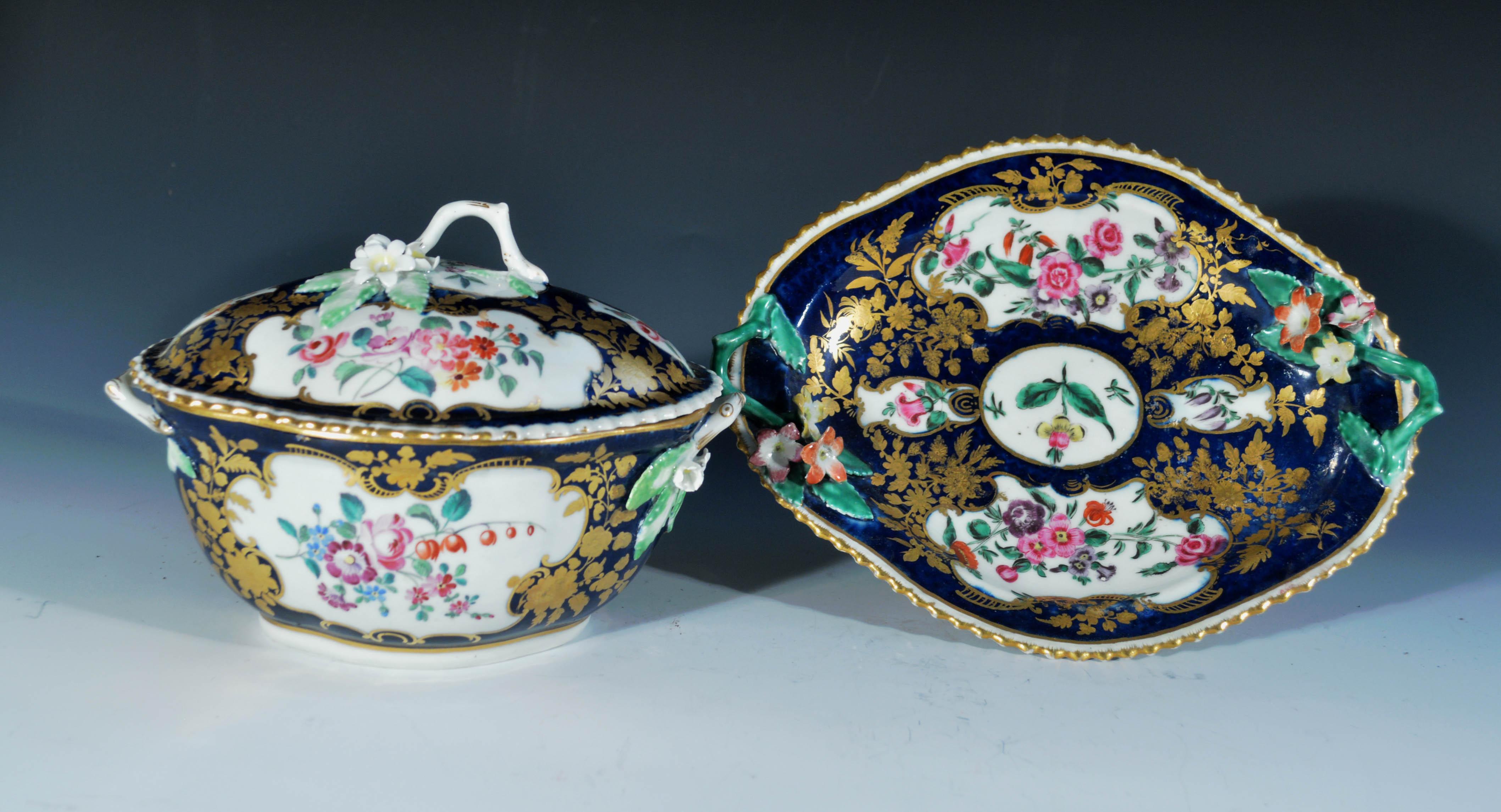 First Period Worcester Porcelain Mazarine Blue-Ground Botanical Sauce ...