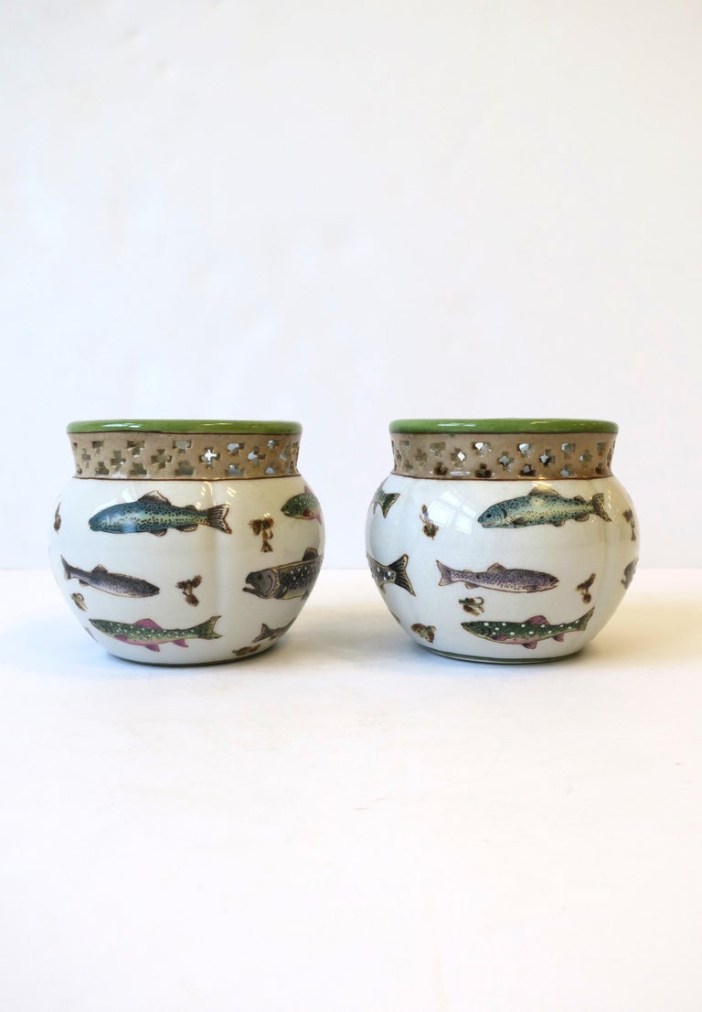 Fish and Lure Plant or Flower Pot Panters Ceramic Cachepots, Pair For ...