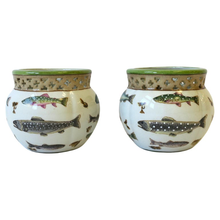 Fish and Lure Plant or Flower Pot Panters Ceramic Cachepots, Pair For ...