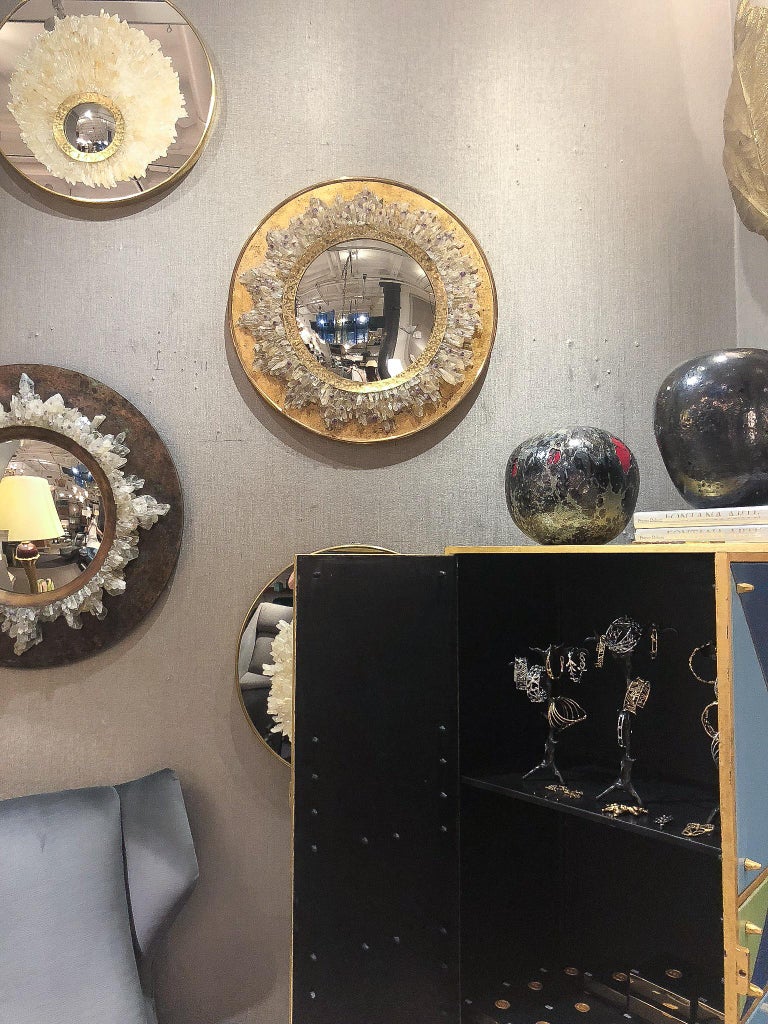 Fish-Eye Mirror with Quartz Crystals and Hammered Brass Frame, France ...