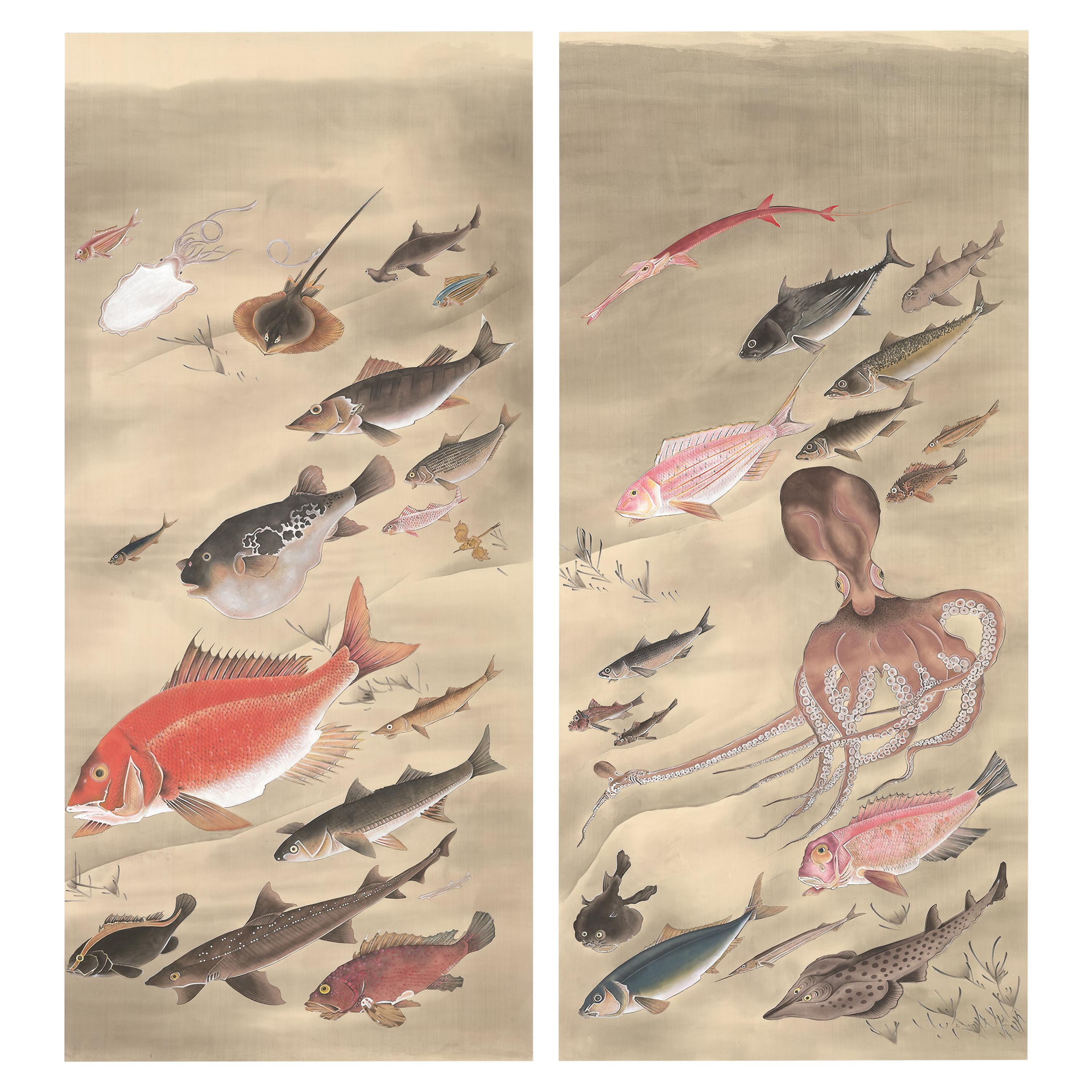 Fish and Sea Life Hand Painted Diptych For Sale at 1stDibs