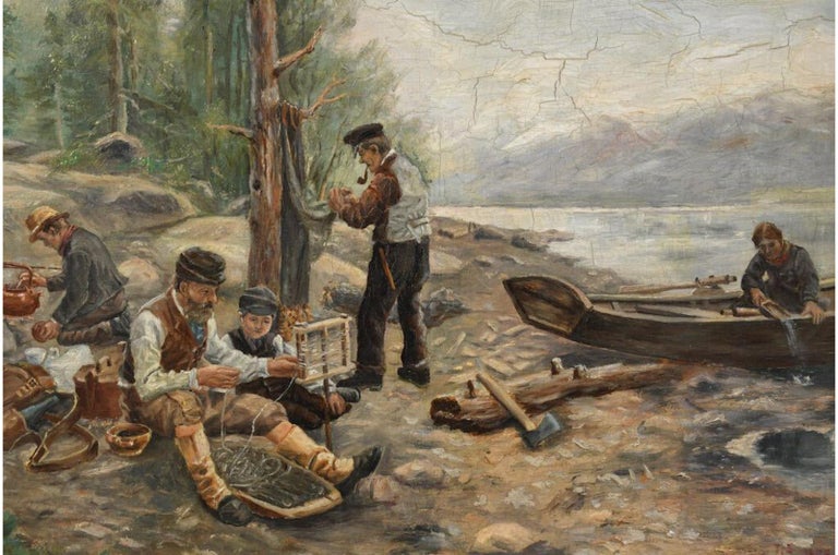 "Fisherman on the Shore", Oil on Canvas Painting, 1G167 For Sale at 1stDibs