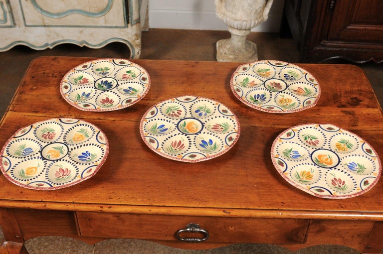 Five French Quimper 19th Century HB Manufacture Oyster Plates with ...