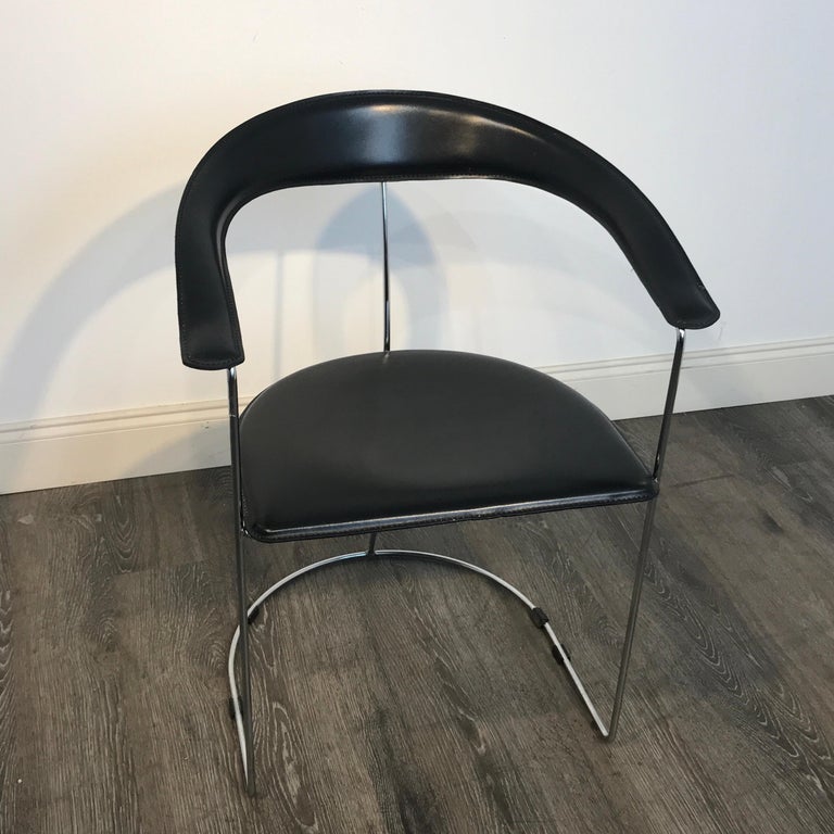 Five Italian Chrome and Black Leather Cantilever Armchairs, Handmade by ...