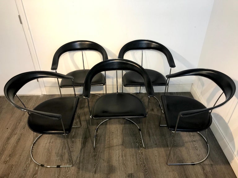 Five Italian Chrome and Black Leather Cantilever Armchairs, Handmade by ...