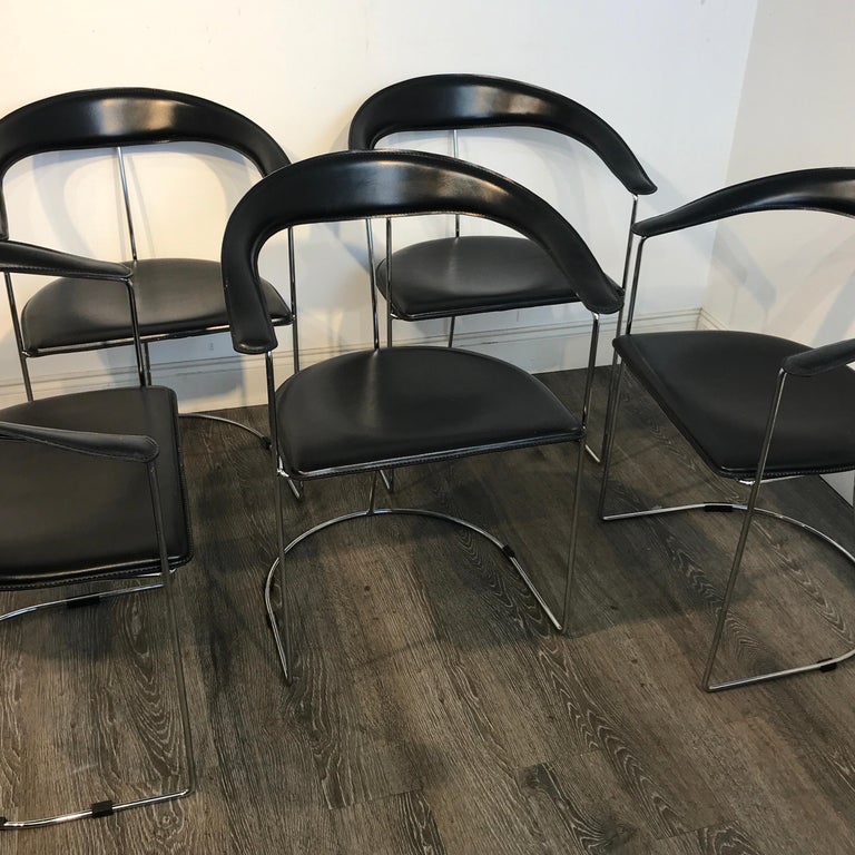 Five Italian Chrome and Black Leather Cantilever Armchairs, Handmade by ...