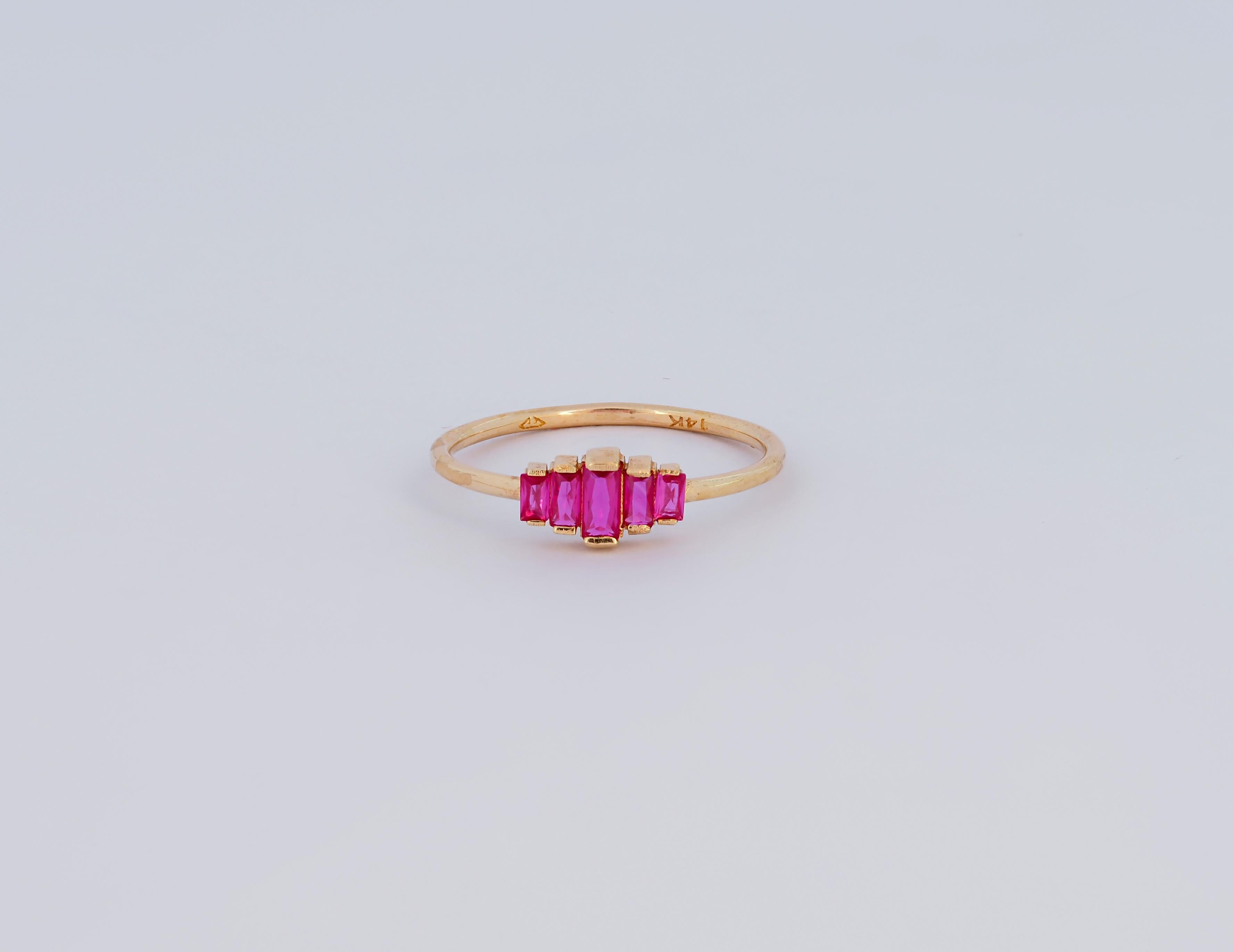 Five lab ruby Baguette Cut 14k gold ring. For Sale at 1stDibs