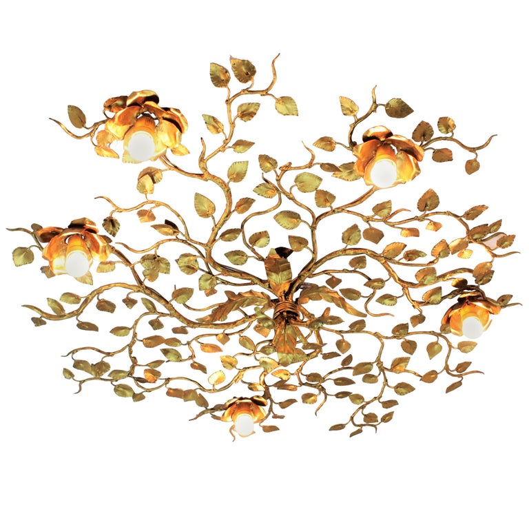 Five Lights Gilt Iron Ornate Flower Bush Ceiling Light Fixture or Wall ...