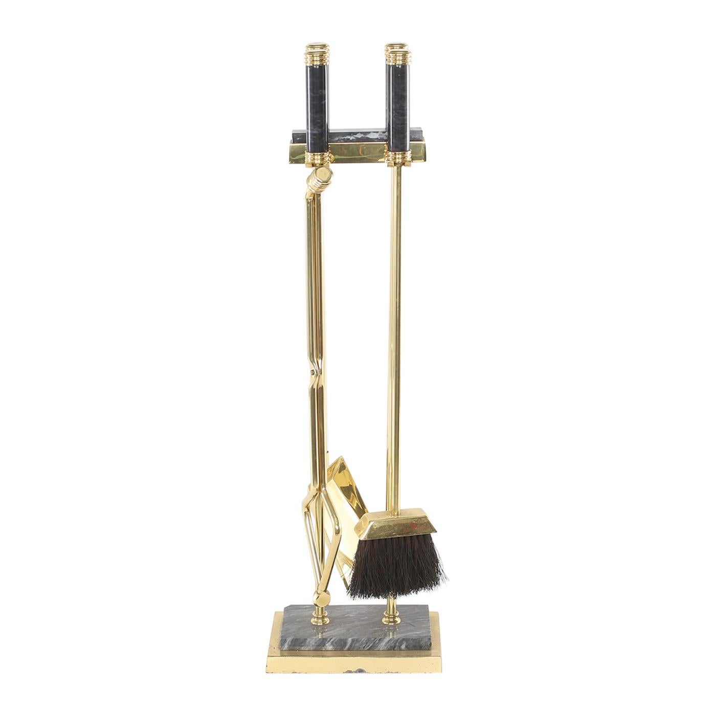 Five Piece Solid Brass / White Marble Fireplace Tool Set at 1stDibs