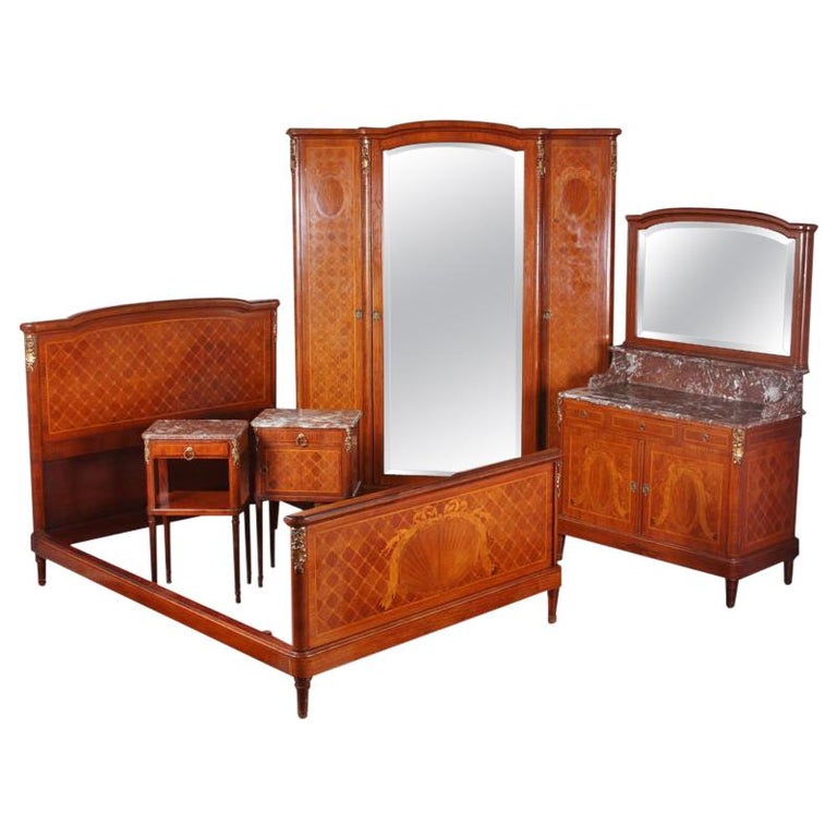 Five Piece French Inlaid Louis XVI Bedroom Suite at 1stDibs