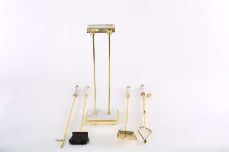 Five Piece Solid Brass / White Marble Fireplace Tool Set at 1stDibs