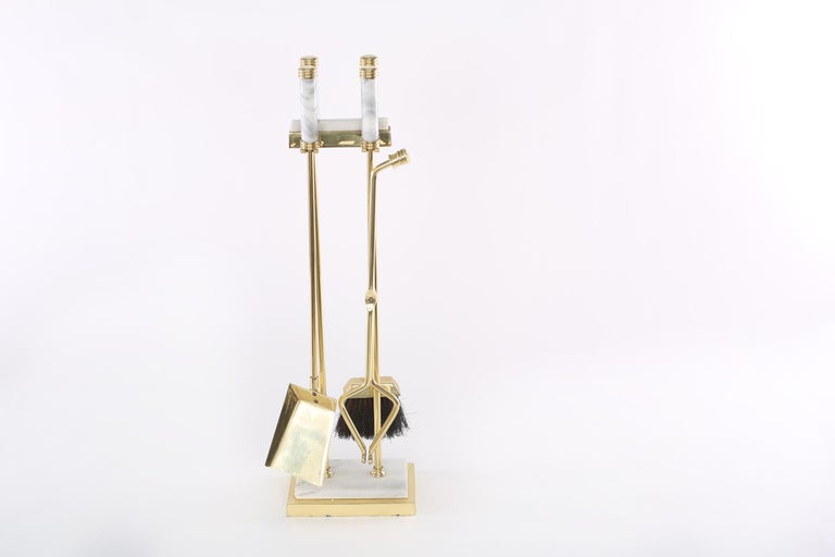 Five Piece Solid Brass / White Marble Fireplace Tool Set at 1stDibs