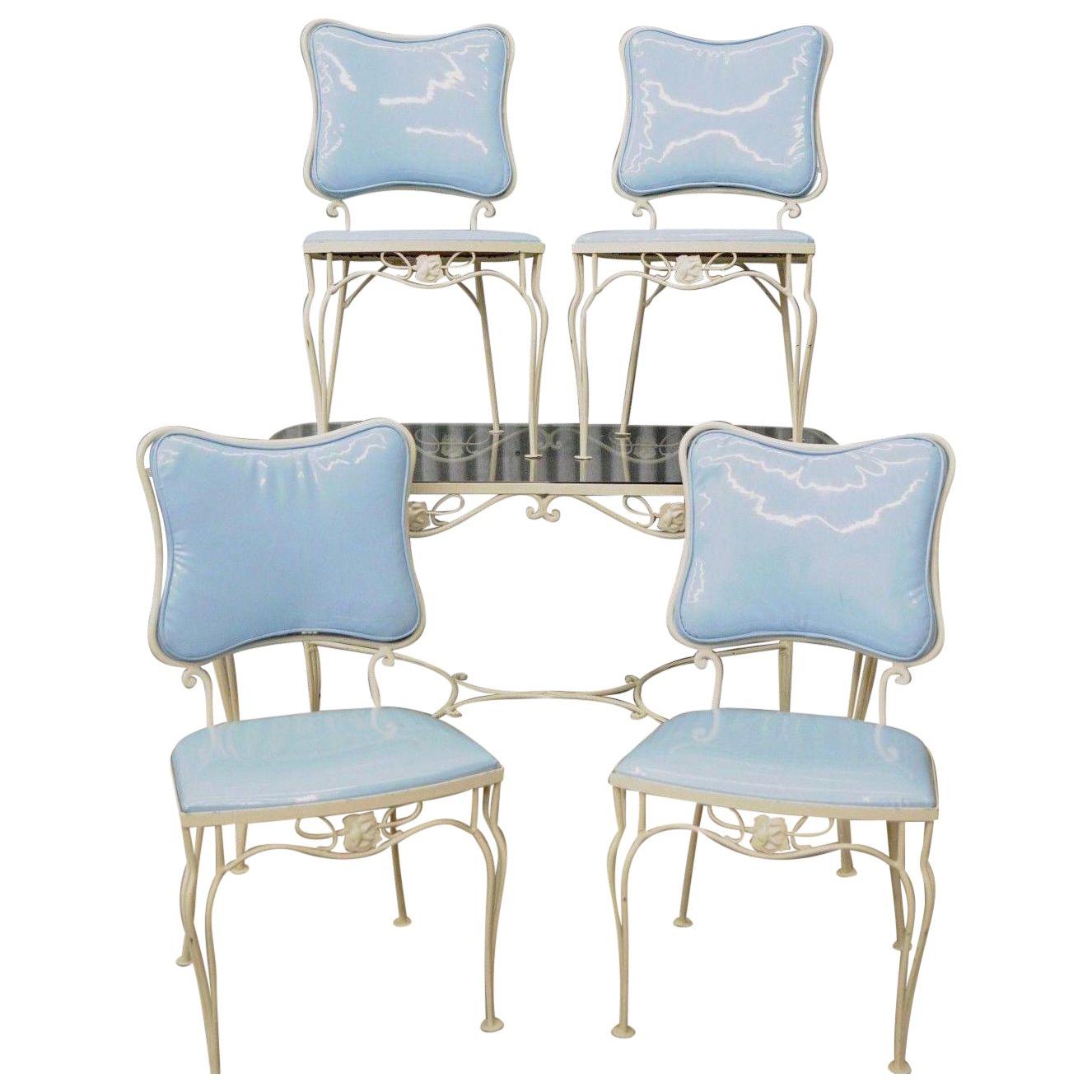 Five-Piece Wrought Iron Patio Dining Set Table Four Chairs Midcentury ...