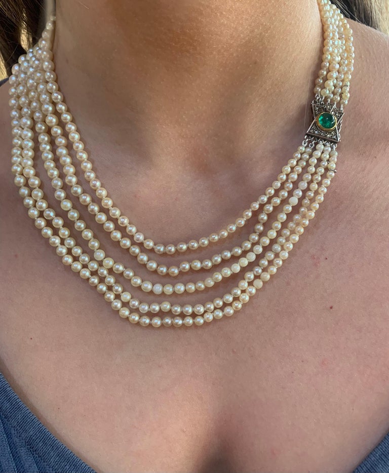 Five Rows of Pearls Emerald Diamonds 18k White Gold Art Deco Necklace ...