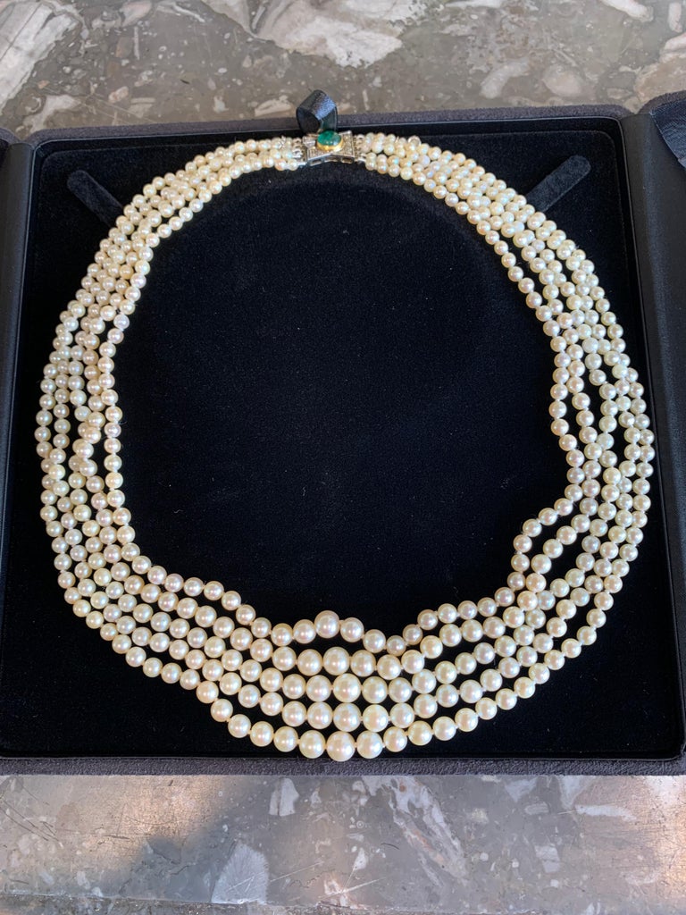 Five Rows of Pearls Emerald Diamonds 18k White Gold Art Deco Necklace ...