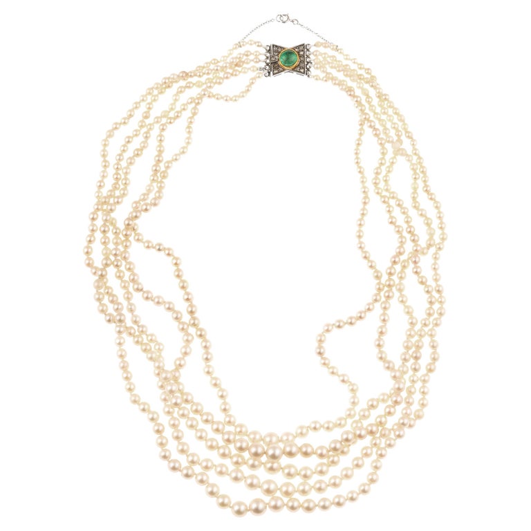 Five Rows of Pearls Emerald Diamonds 18k White Gold Art Deco Necklace ...