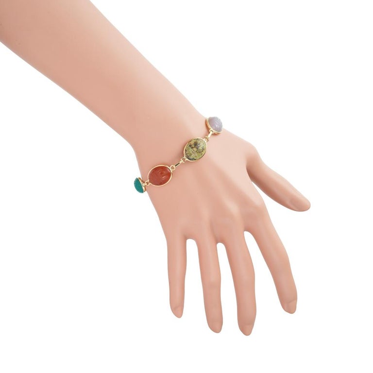 Five Stone Carved Scarab Yellow Gold Bracelet For Sale at 1stDibs