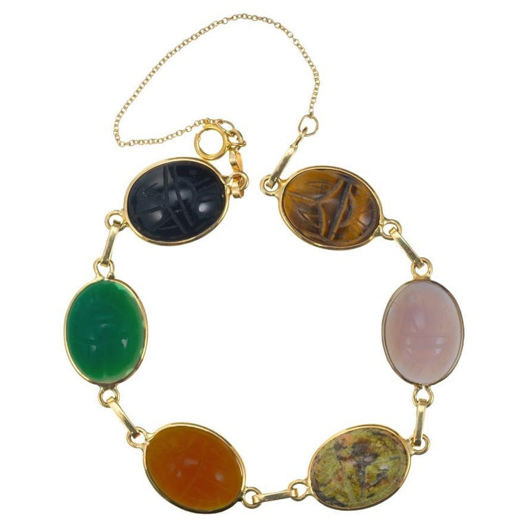 Five Stone Carved Scarab Yellow Gold Bracelet For Sale at 1stDibs